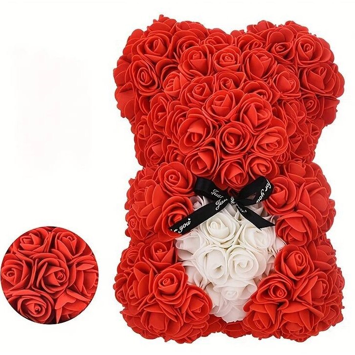 Ursulet din flori de spuma cu inima si luminite, rosu, 28 cm - eMAG.ro