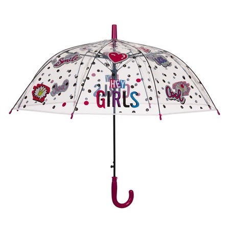 Umbrela pentru fetite, cu baston, automata, transparenta, cu buline ...