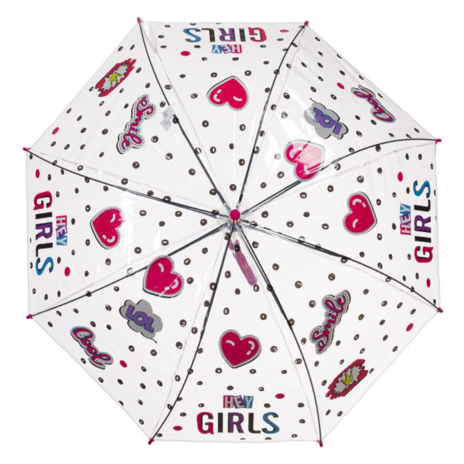 Umbrela pentru fetite, cu baston, automata, transparenta, cu buline ...