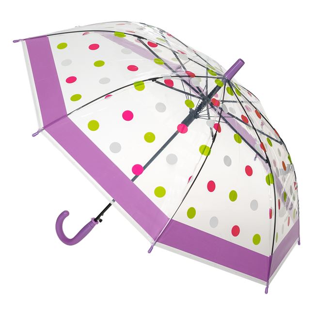 Umbrela pentru fetite, cu baston, automata, transparenta, cu buline ...