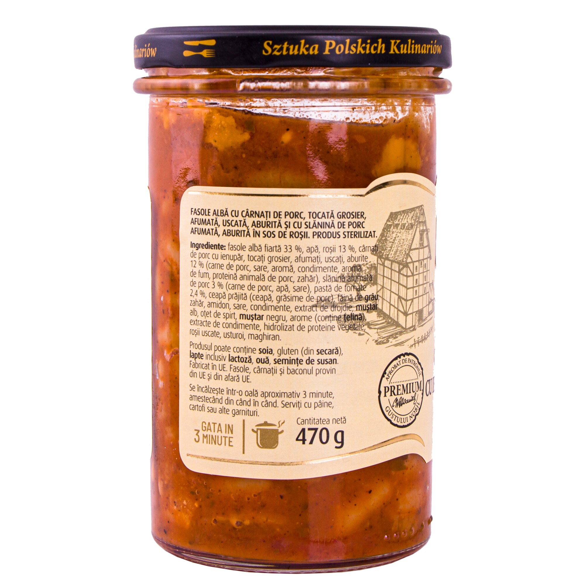 Fasole cu carnati de porc cu ienupar si bacon afumat in sos de rosii ...