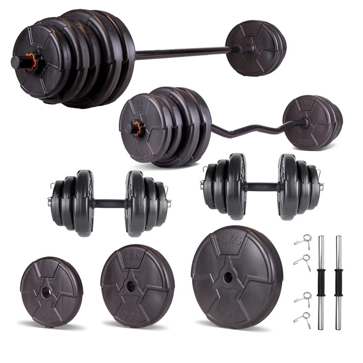 Set haltera si gantere reglabile de 48 KG cu 2 bare de 40 cm lungime, o bara Z de 120 cm, bara ...