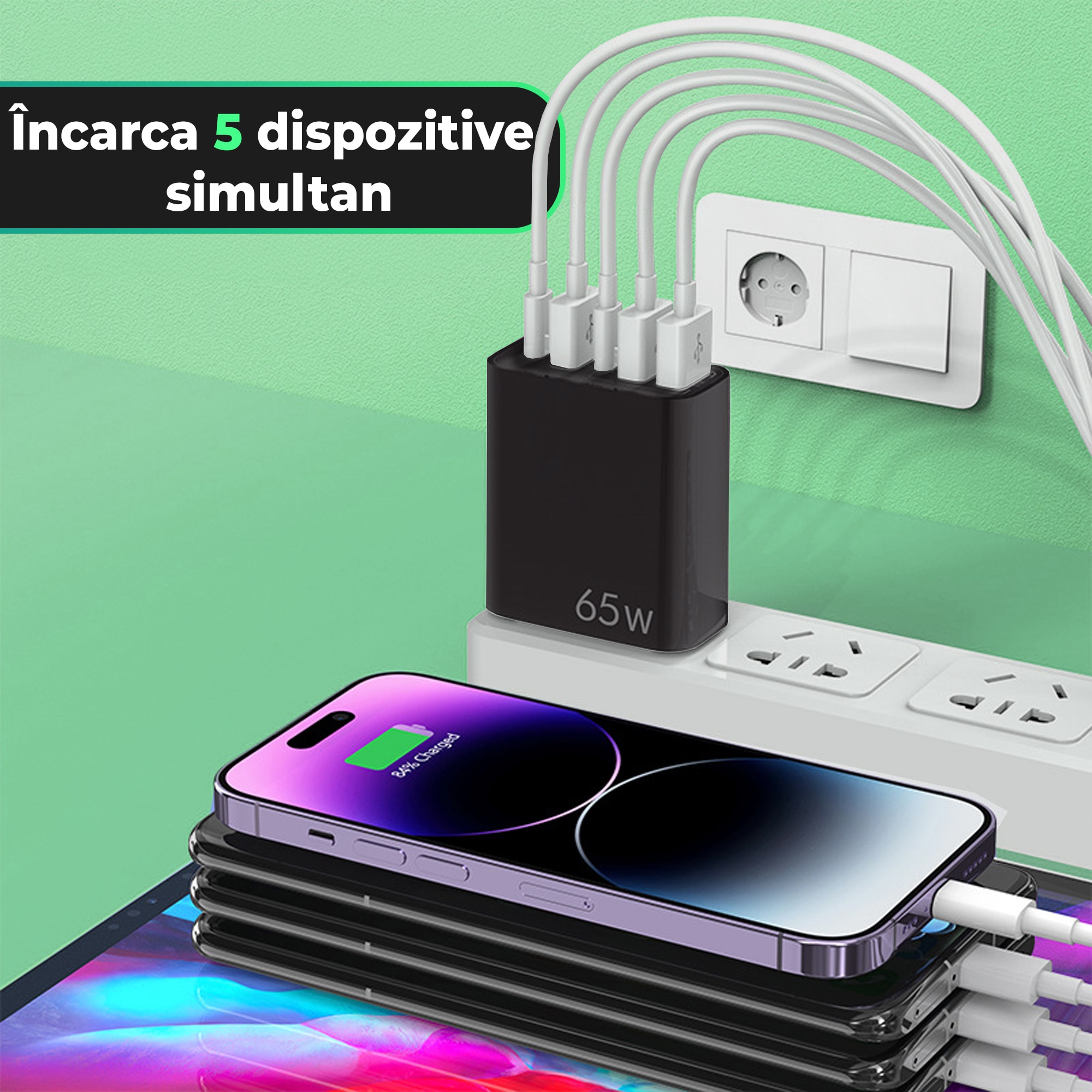 Incarcator Retea, 5 Porturi, 65W Fast Charge, 3 x USB, 2 x Type-C ...