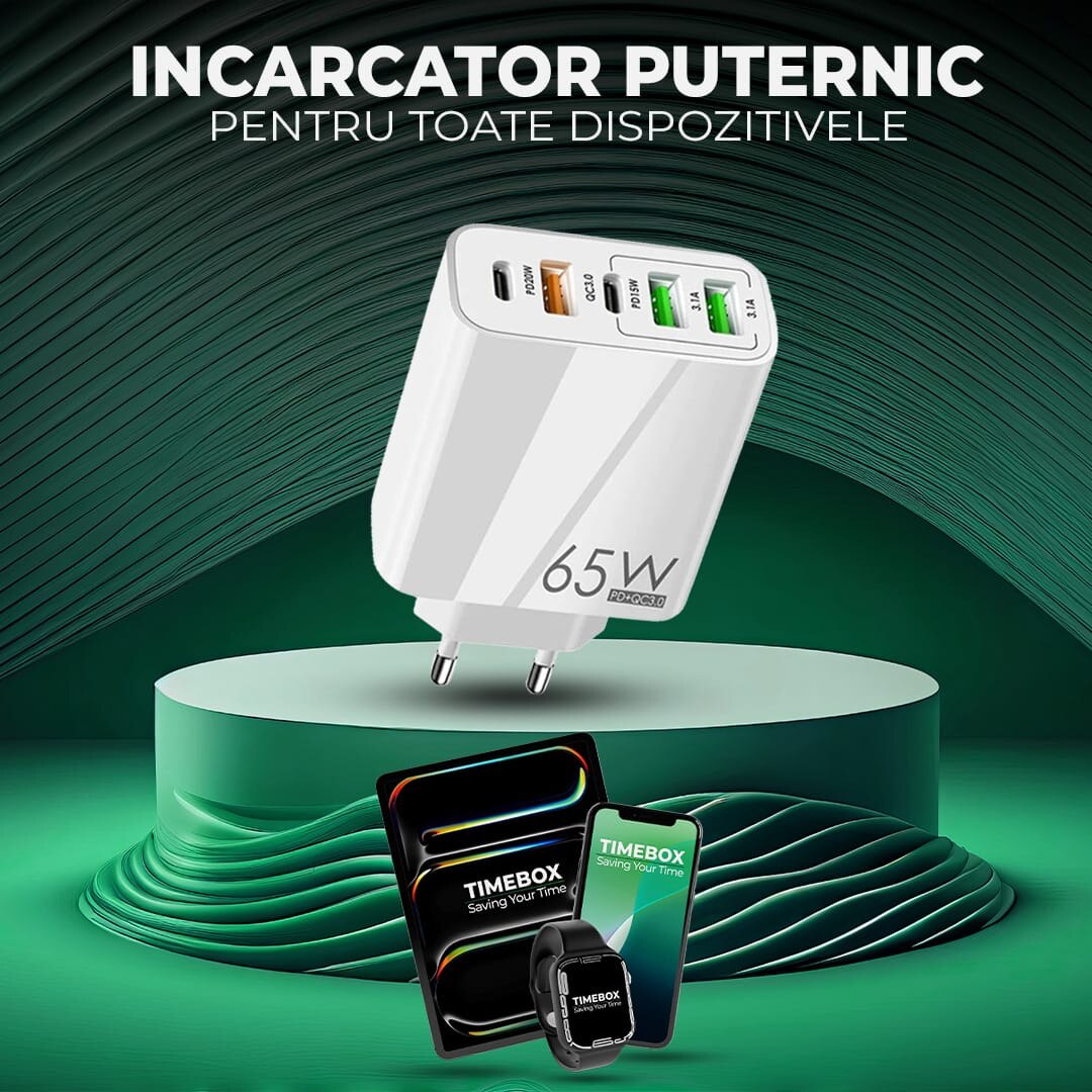 Incarcator Retea, 5 Porturi, 65W Fast Charge, 3 x USB, 2 x Type-C ...