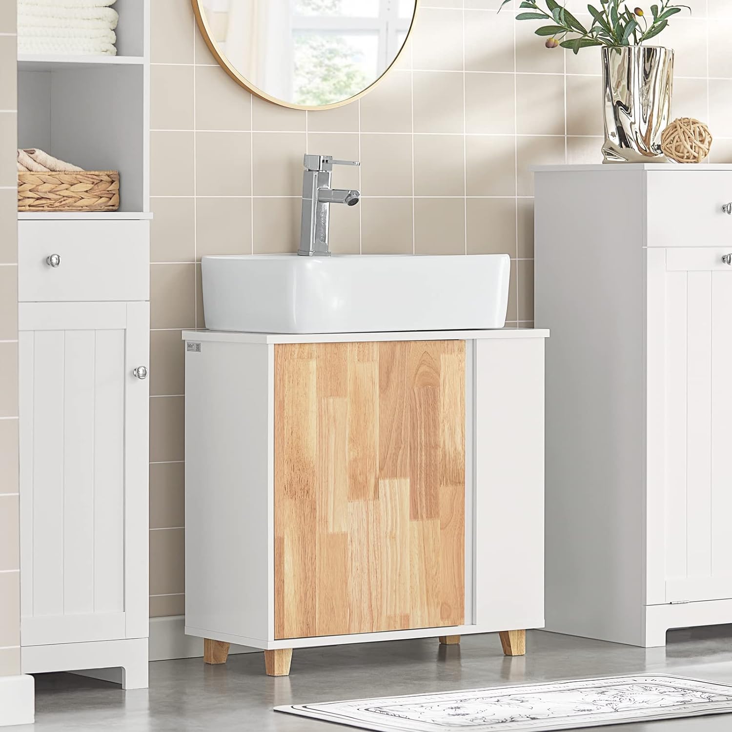 Masca pentru lavoar, din lemn de cauciuc si mdf, 60 x 60 x 29 cm, alb ...