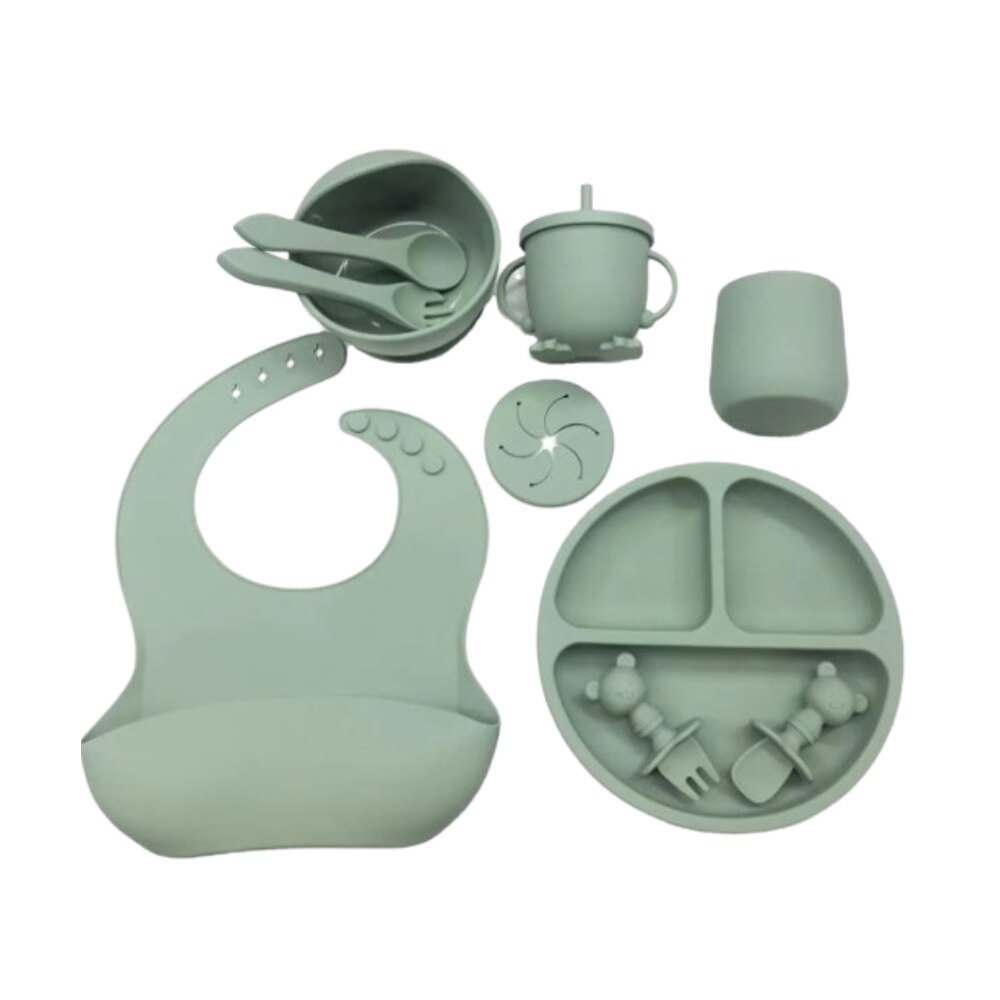 Set hranire bebelusi din silicon BPA free, 10 accesorii, ideal pentru diversificare, boluri cu ...