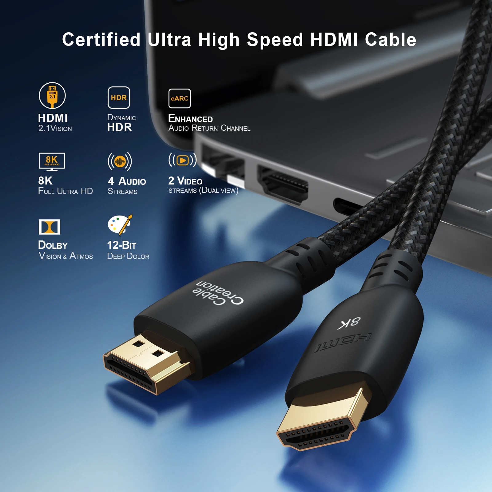 Cablu HDMI 2.1 tata-tata, Certificat, CableCreation®, 8K@60HZ, 4K/2K ...
