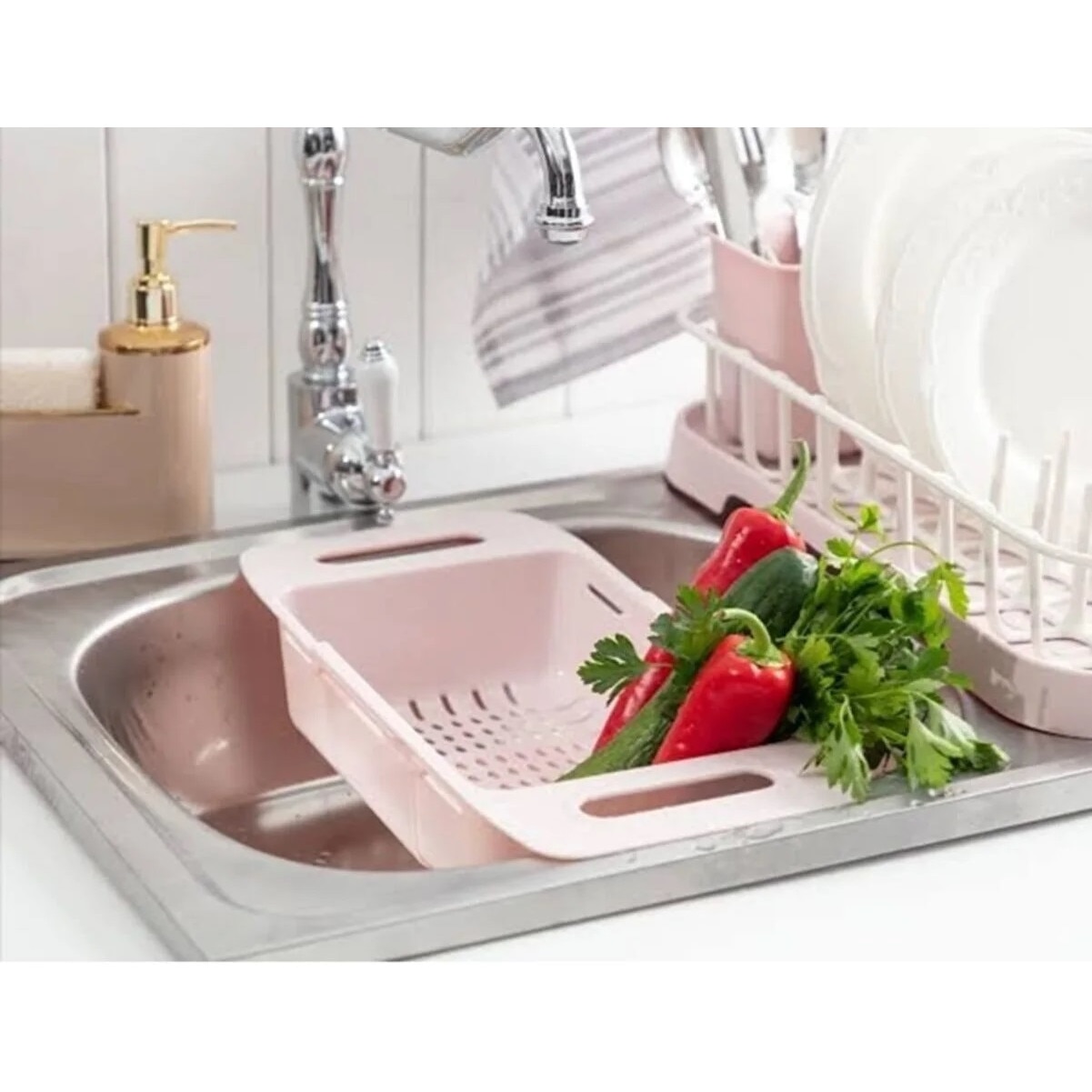 Strecuratoare chiuveta, Extensibila, pentru Legume si Fructe, Roz - eMAG.ro
