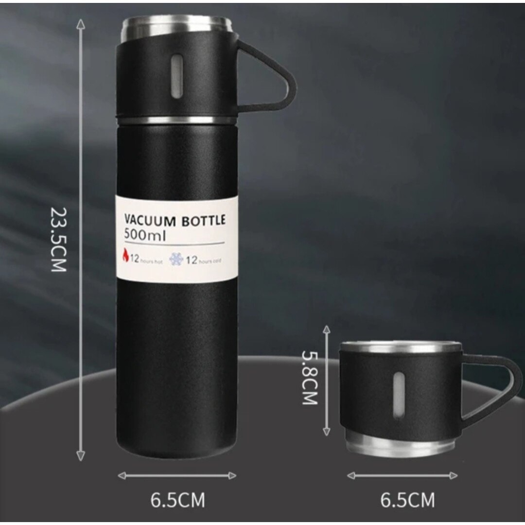 Set Termos, Negru, 500 ml, 3 cani cu maner, termoizolant din otel ...