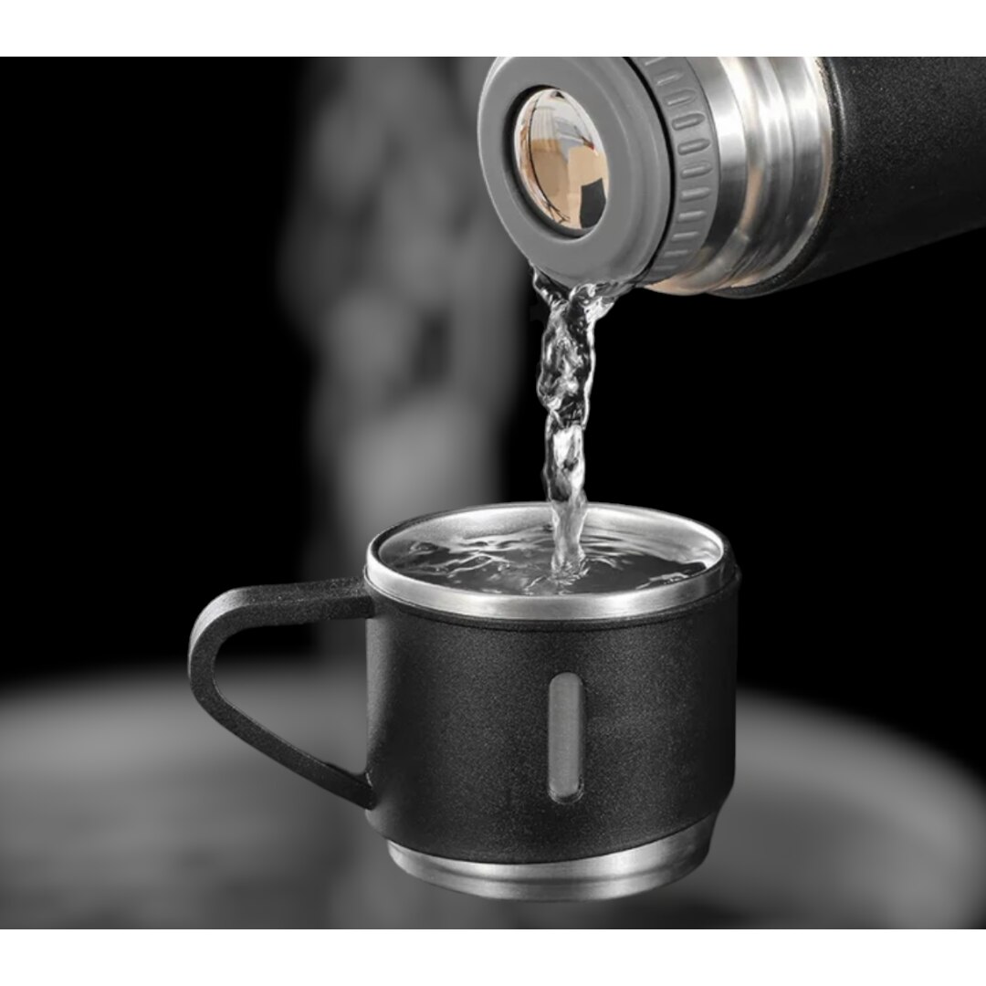 Set Termos, Negru, 500 ml, 3 cani cu maner, termoizolant din otel ...