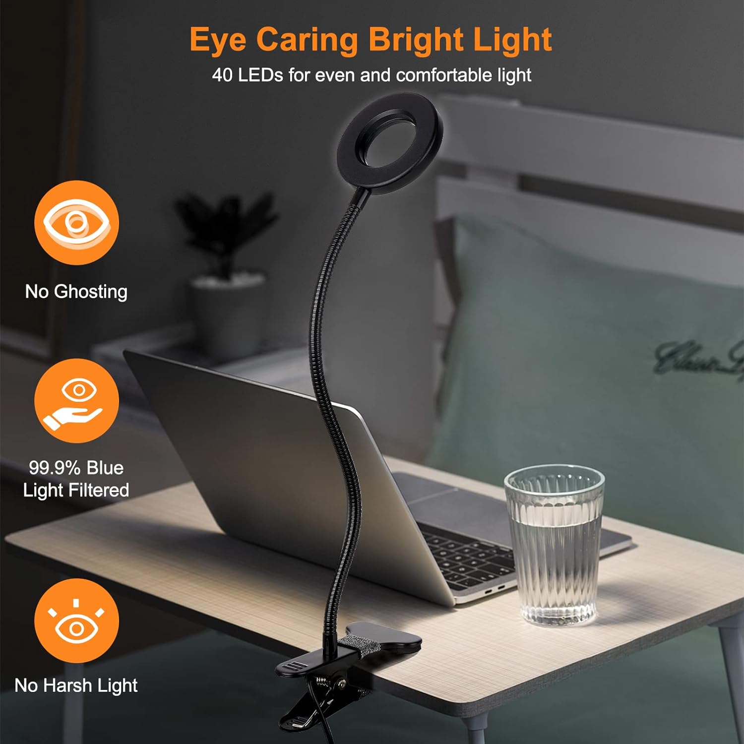 Led лампа за четене с щипка 40 светодиода 360° гъша шия регулируема