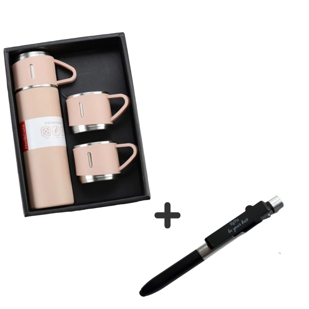 Set Termos, Roz, 500 ml, 3 cani cu maner, termoizolant, pereti dubli ...