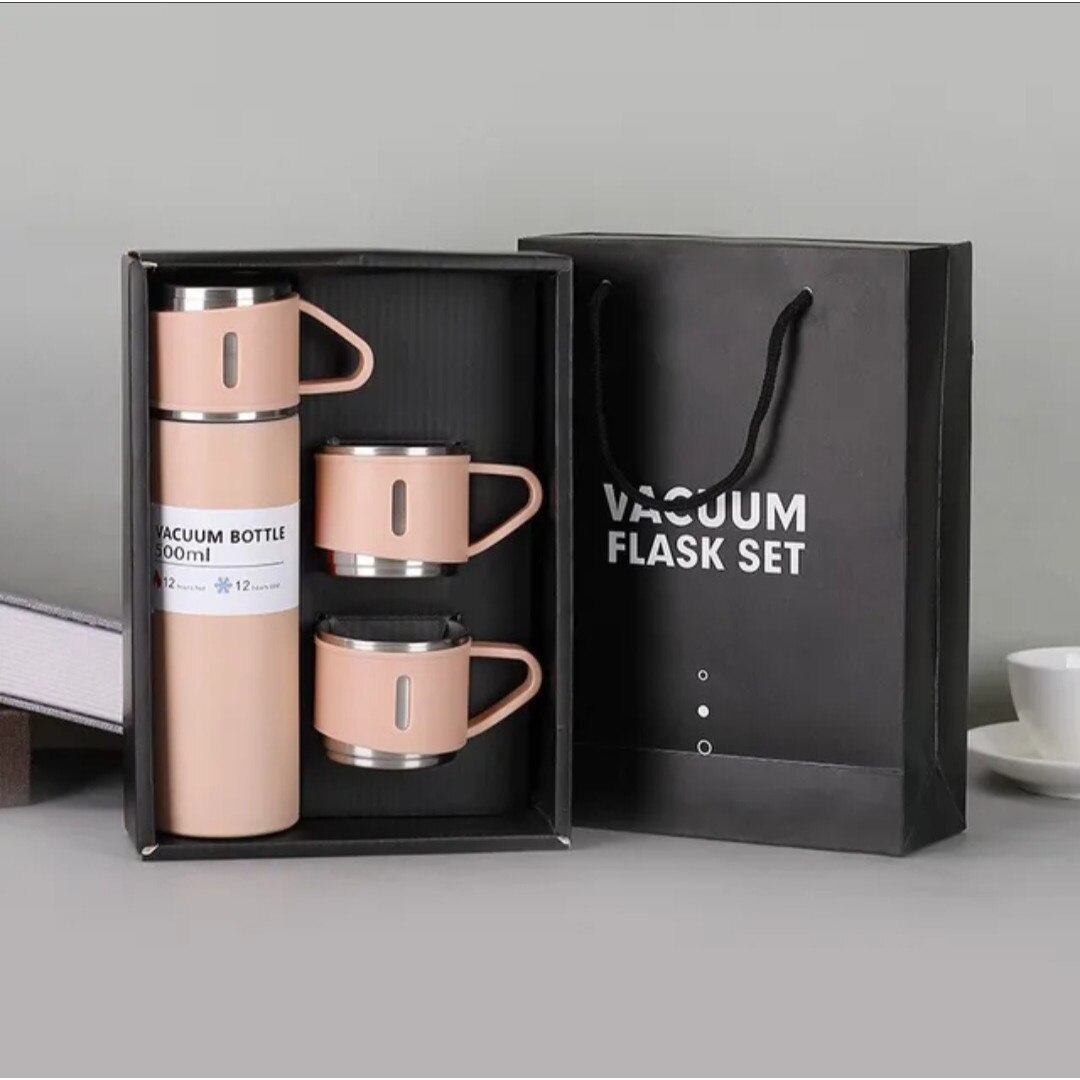 Set Termos, Roz, 500 ml, 3 cani cu maner, termoizolant, pereti dubli ...