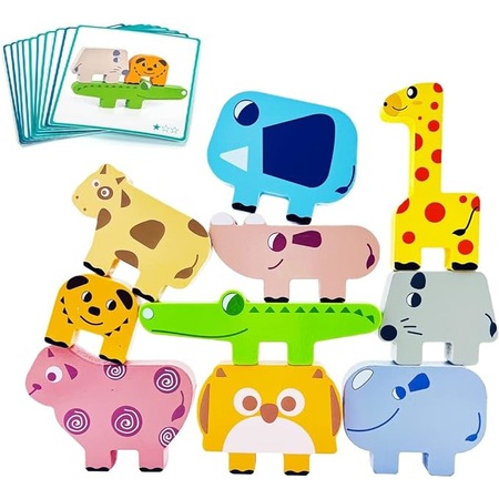 Joc Montessori de Stivuire Animale din Lemn, 10 Piese, 10 Cartonase ...