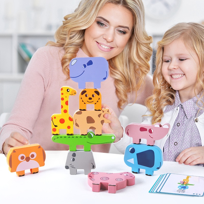 Joc Montessori de Stivuire Animale din Lemn, 10 Piese, 10 Cartonase ...