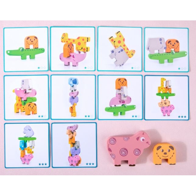 Joc Montessori de Stivuire Animale din Lemn, 10 Piese, 10 Cartonase ...