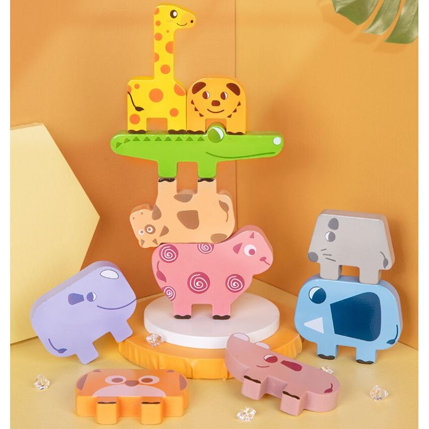 Joc Montessori de Stivuire Animale din Lemn, 10 Piese, 10 Cartonase ...