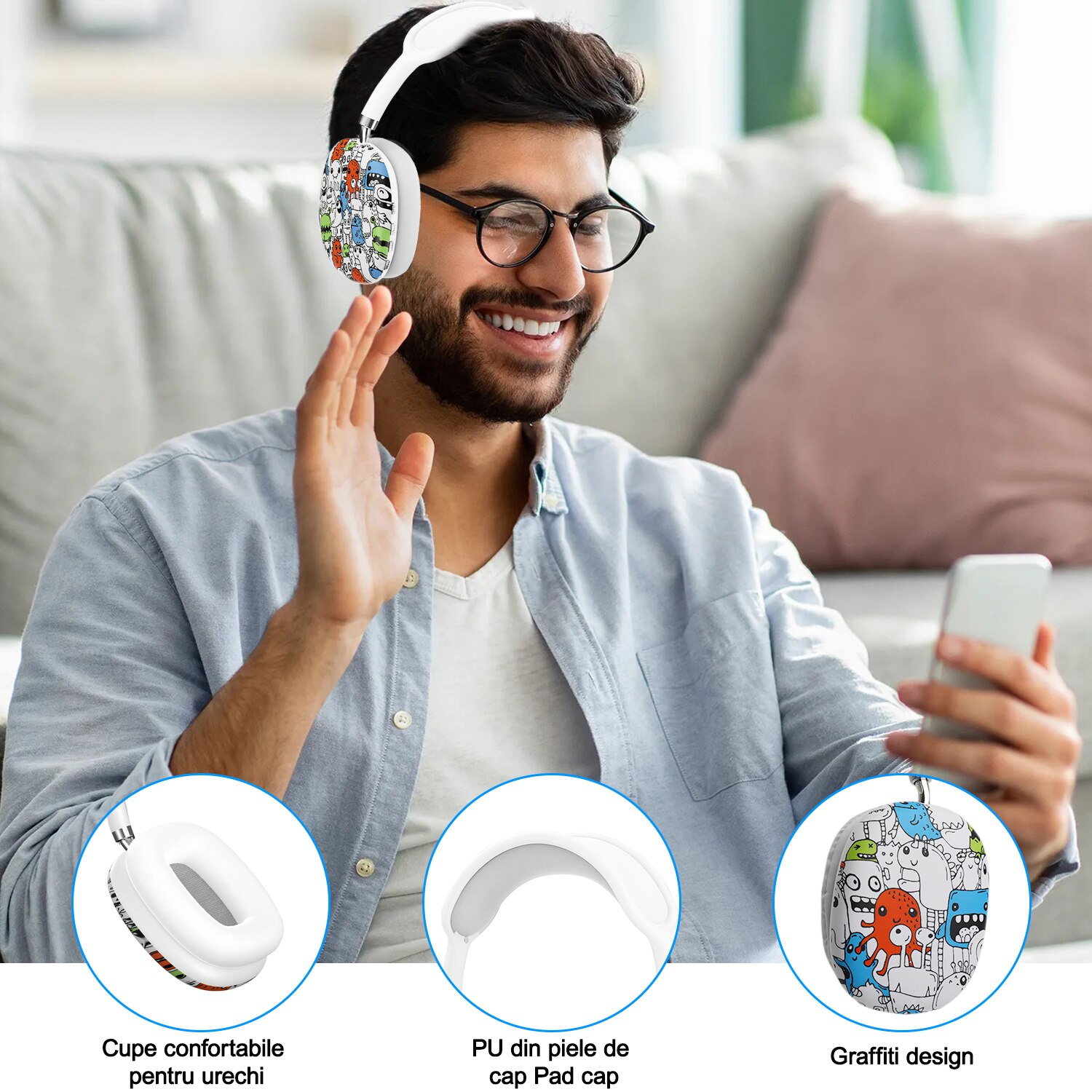 Стерео слушалки Over Ear, Xinxu, Bluetooth, графити модел, училище ...