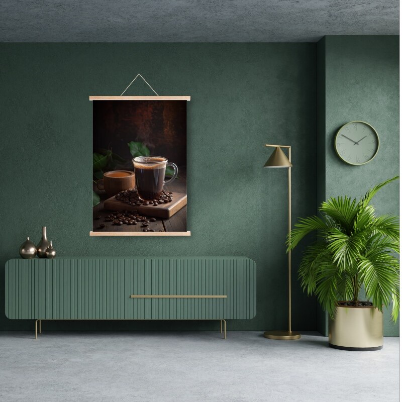 Tablou cu Rama Magnetica din lemn cu agatatoare, Cafea boabe cu abur ...