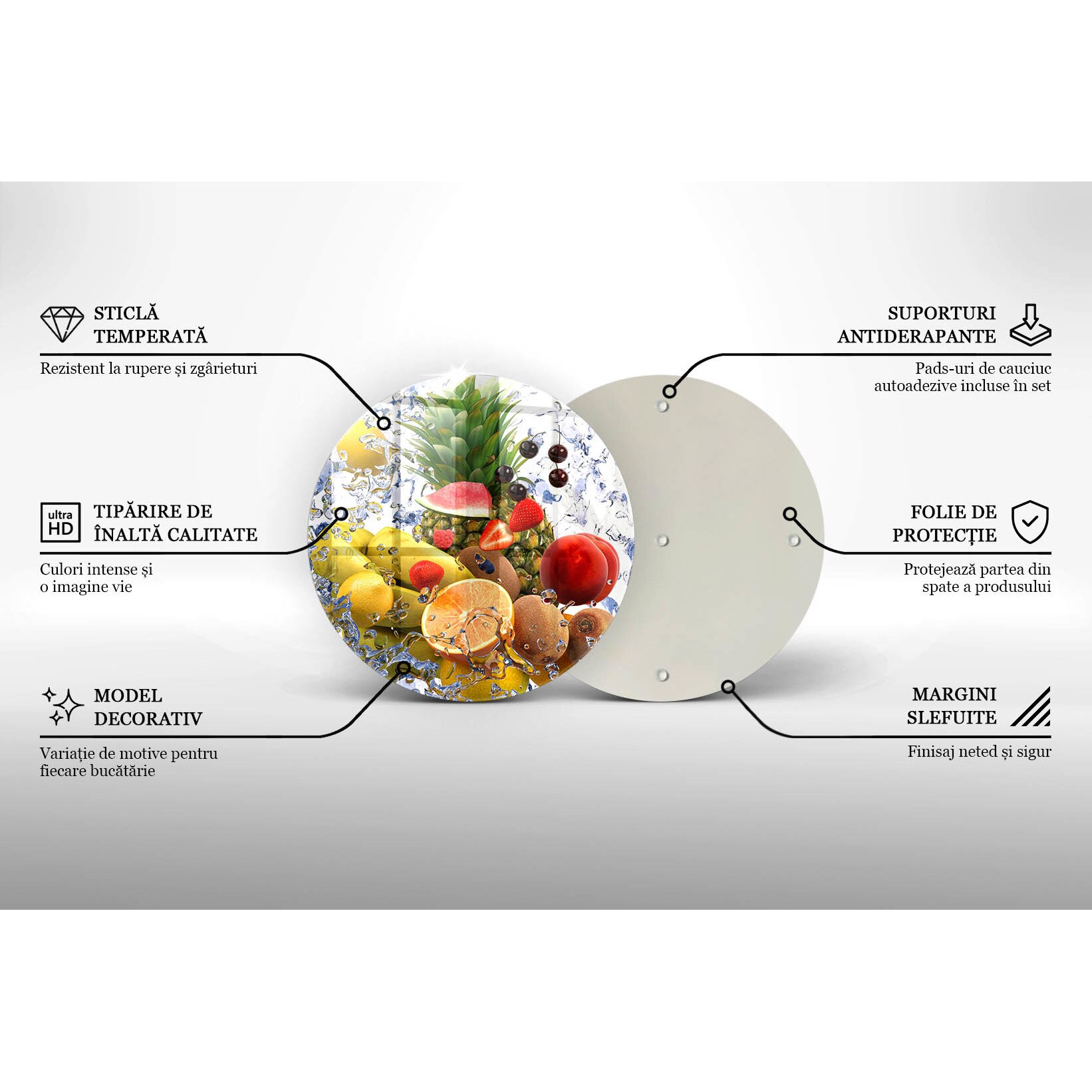 Tocatoare de bucatarie, Wallfluent, din sticla, Ø40 cm, Fructe ...