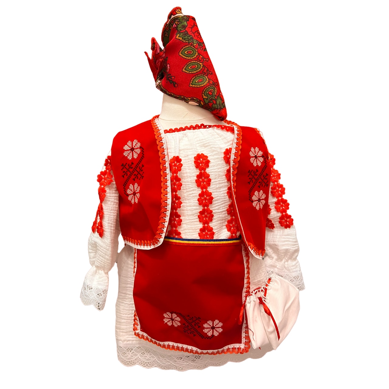 Costum popular fete cu vesta, alb/rosu, 5 piese, 62-68 cm, 3-6 luni ...