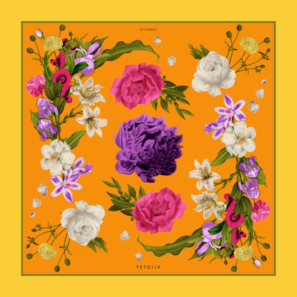 Batic Secret Garden din matase naturala – galben/orange, 90 x 90 cm ...