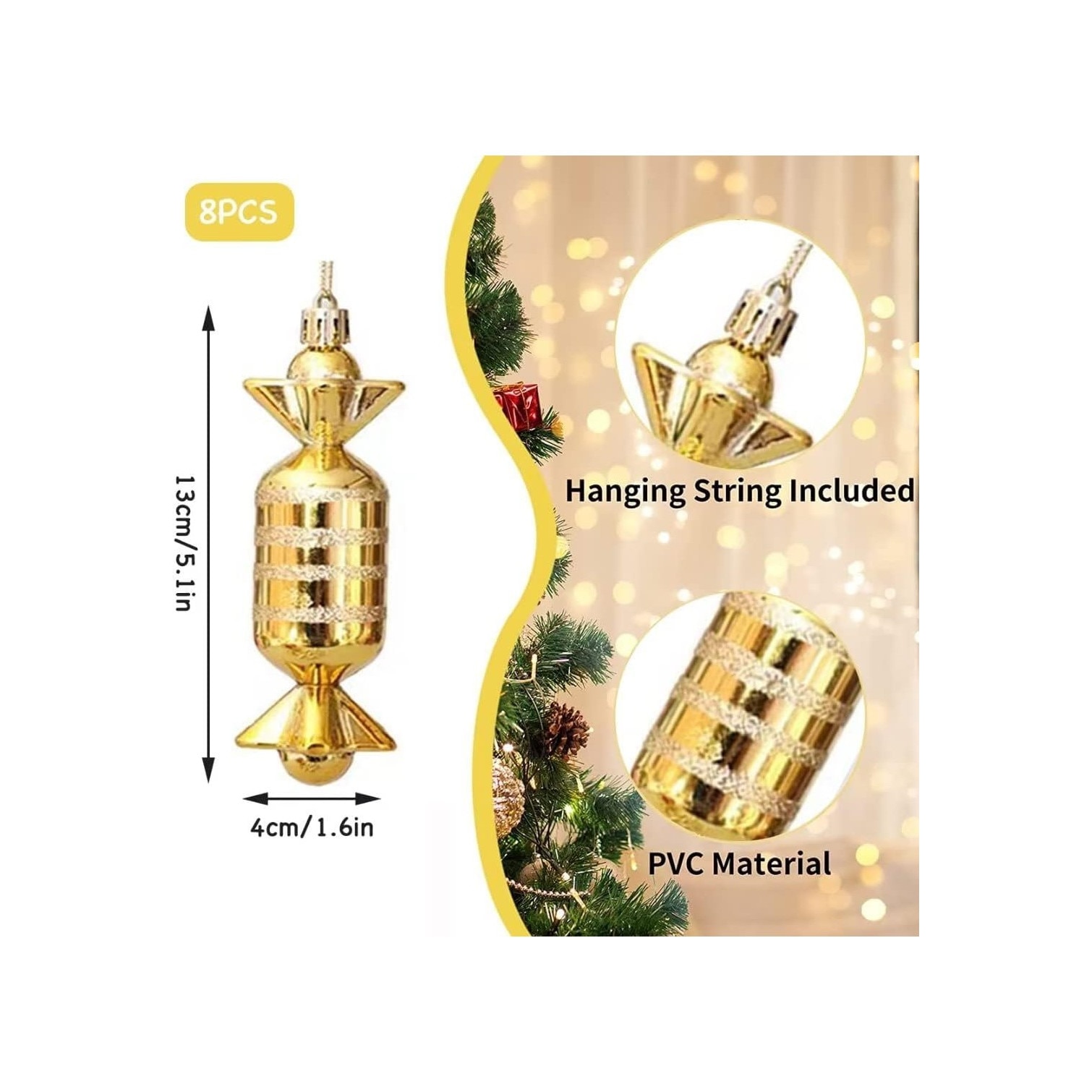 Set 8 globuri pentru brad, Forma Bomboana, Auriu, Snur inclus - eMAG.ro