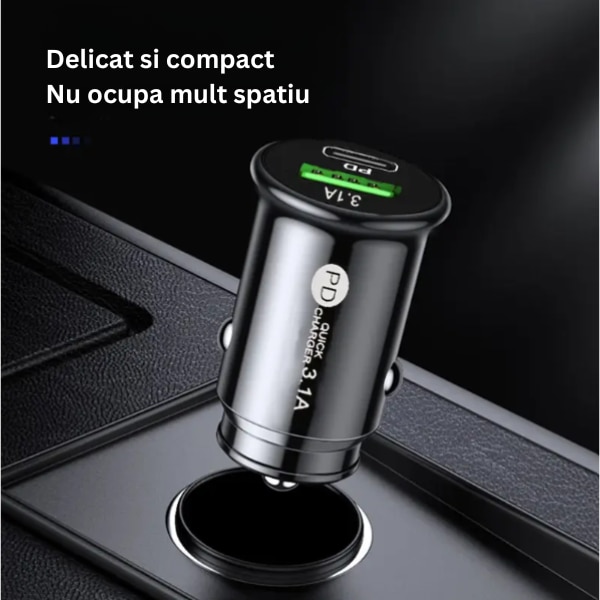 Incarcator auto, SuperFastCharge, USB-A + USB Tip C PD, incarcare ...