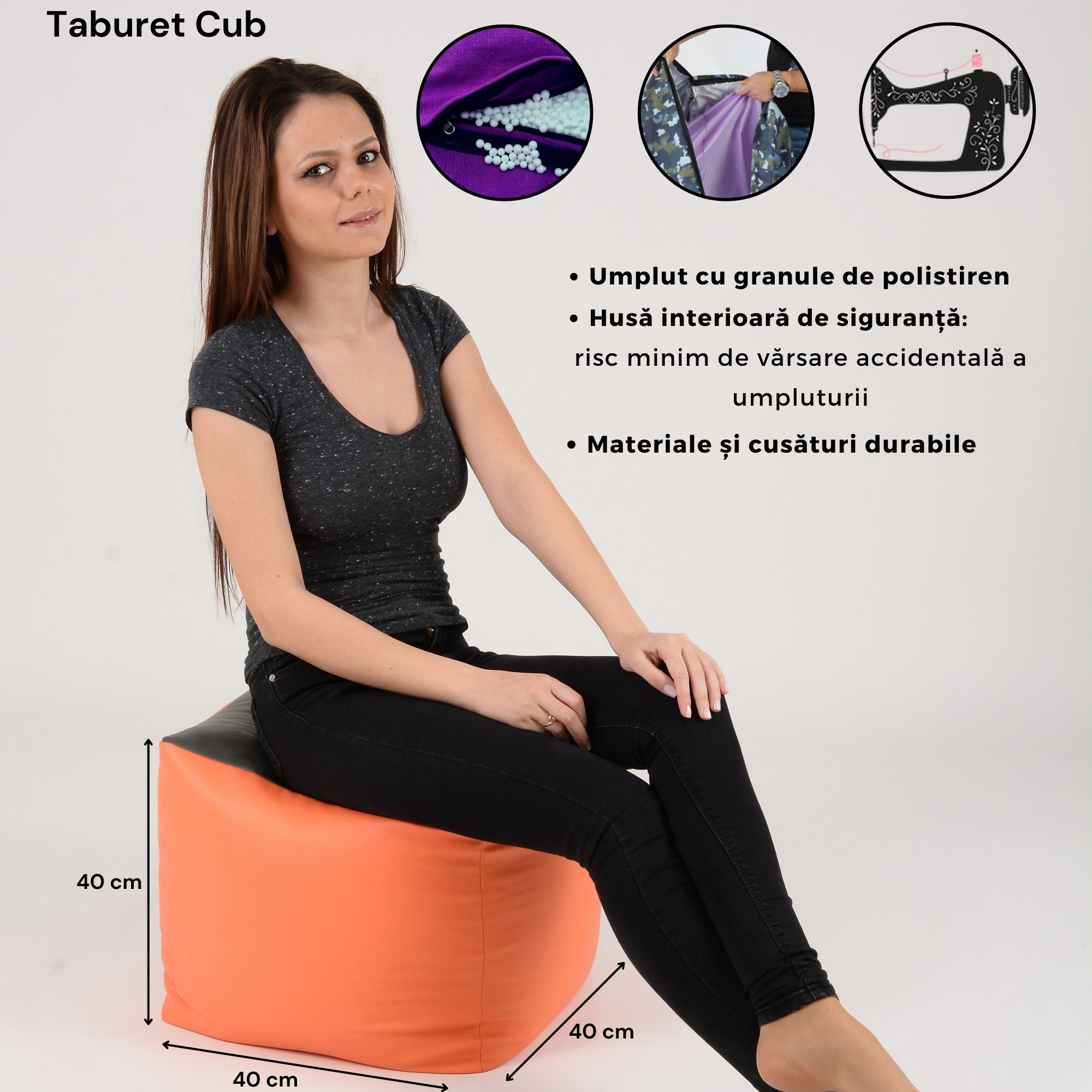 Taburet tip cub xl, Pufrelax, pretabil exterior, impermeabil, Negru ...