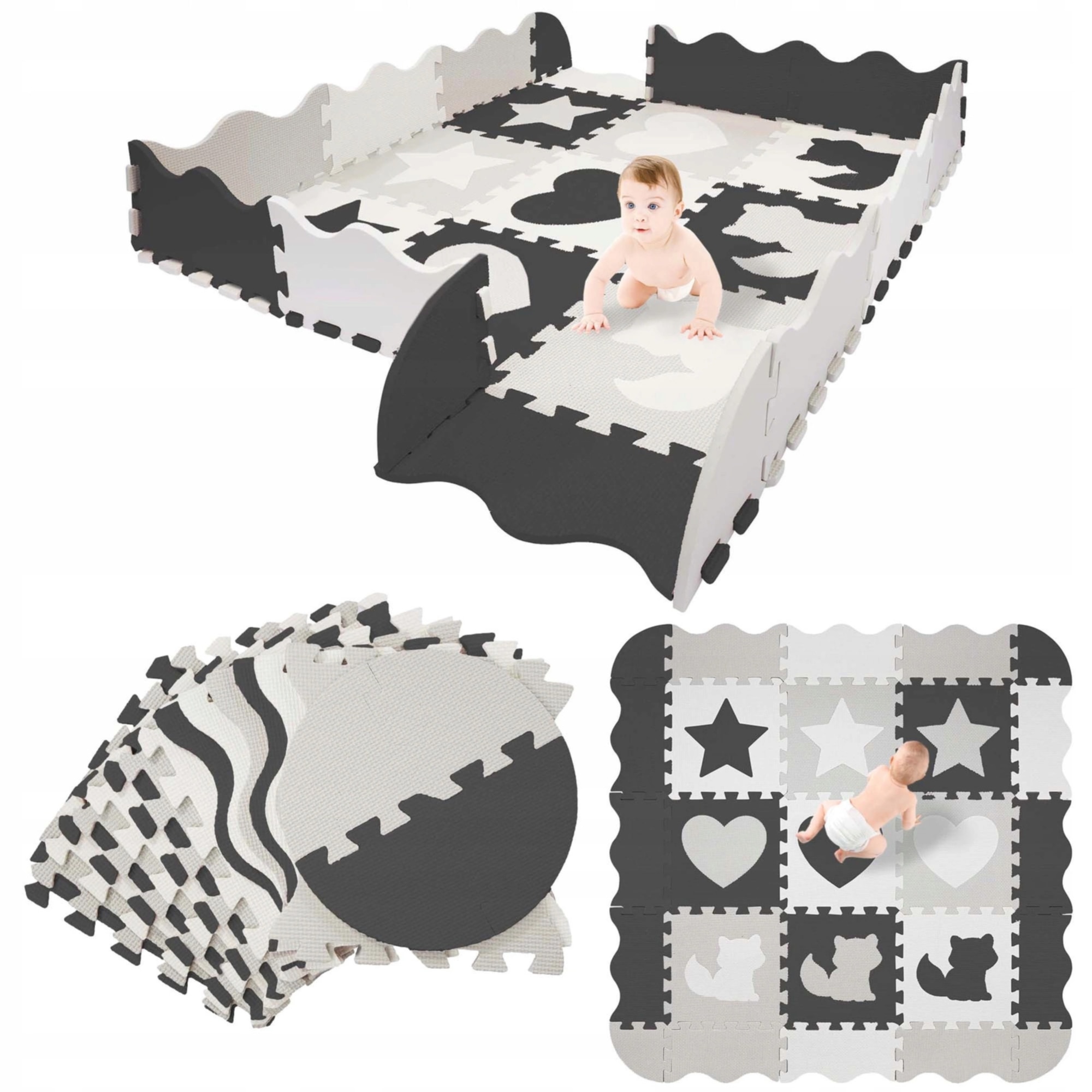 Covor tip puzzle, 4Fizjo, Spuma, 25 piese, 120x120 cm, Gri/Alb/Negru ...