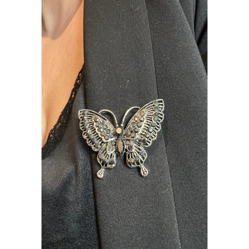 Brosa martisor fluturi argintii cu pietre, Negru, 4 cm - eMAG.ro