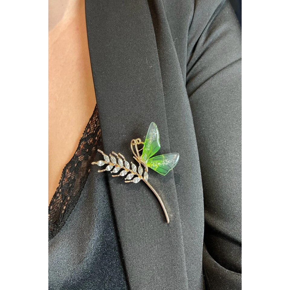 Brosa martisor frunza aurie cu fluture, Verde, 5 cm - eMAG.ro