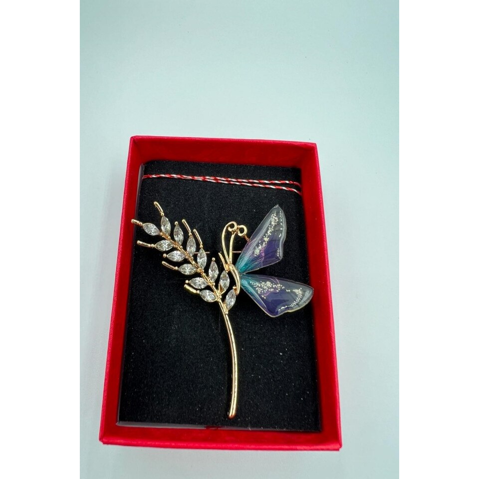 Brosa martisor frunza aurie cu fluture, Mov, 5 cm - eMAG.ro