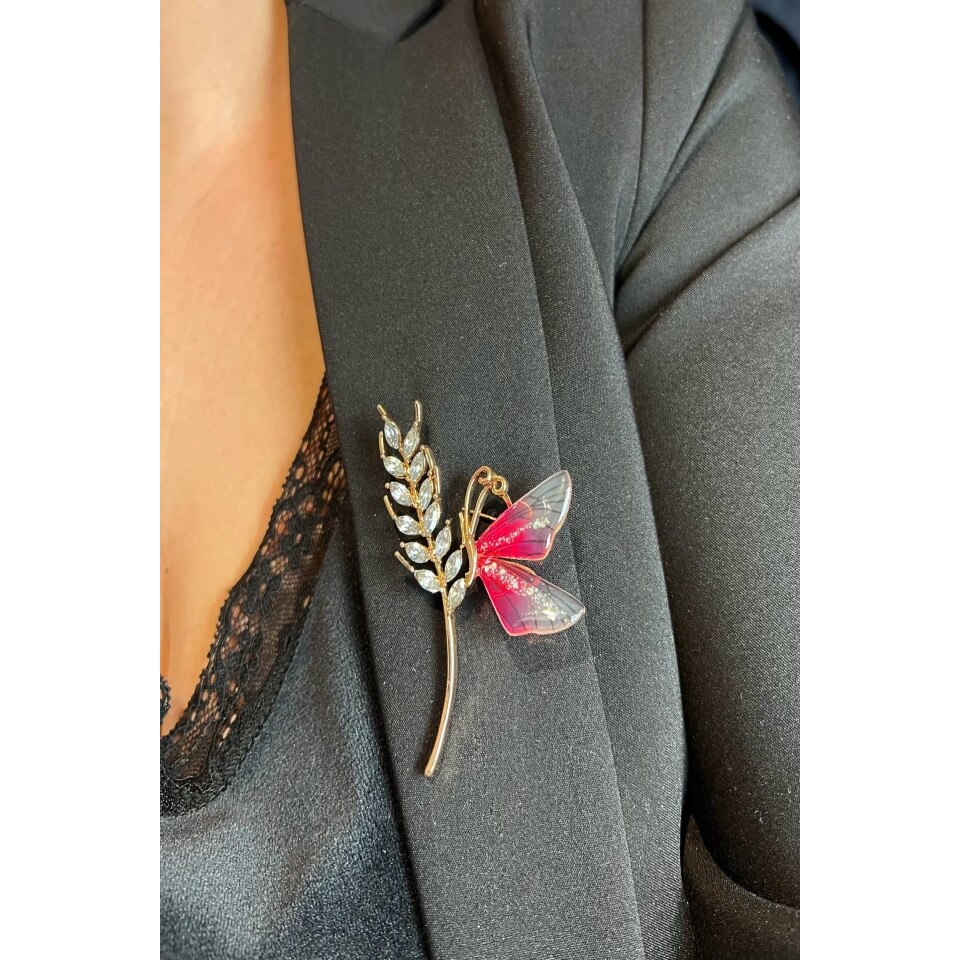 Brosa martisor frunza aurie cu fluture, Roz, 5 cm - eMAG.ro