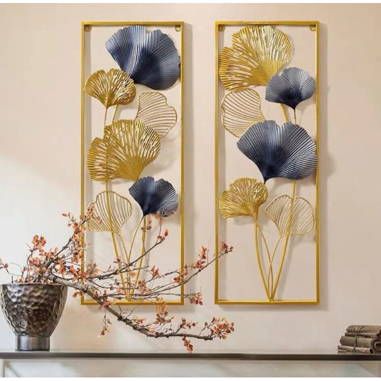 Decoratiune de perete din metal, set 2 bucati, auriu, frunze 3D - eMAG.ro