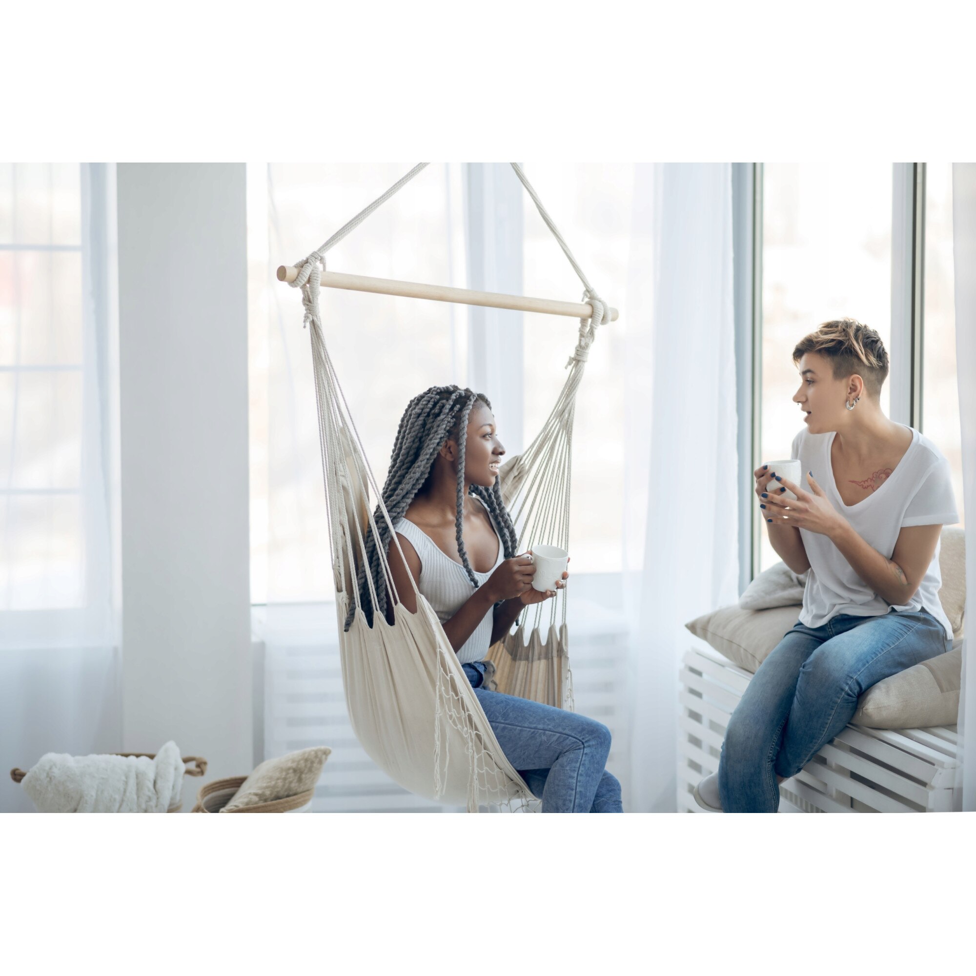 Hamac suspendat tip scaun brazilian, 60x120x130cm, 150kg, bej - eMAG.ro