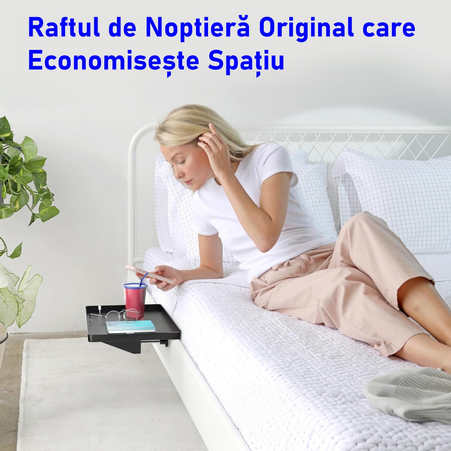 Noptiera suspendata pentru pat NextWave®️, suport telefon, incarcator ...
