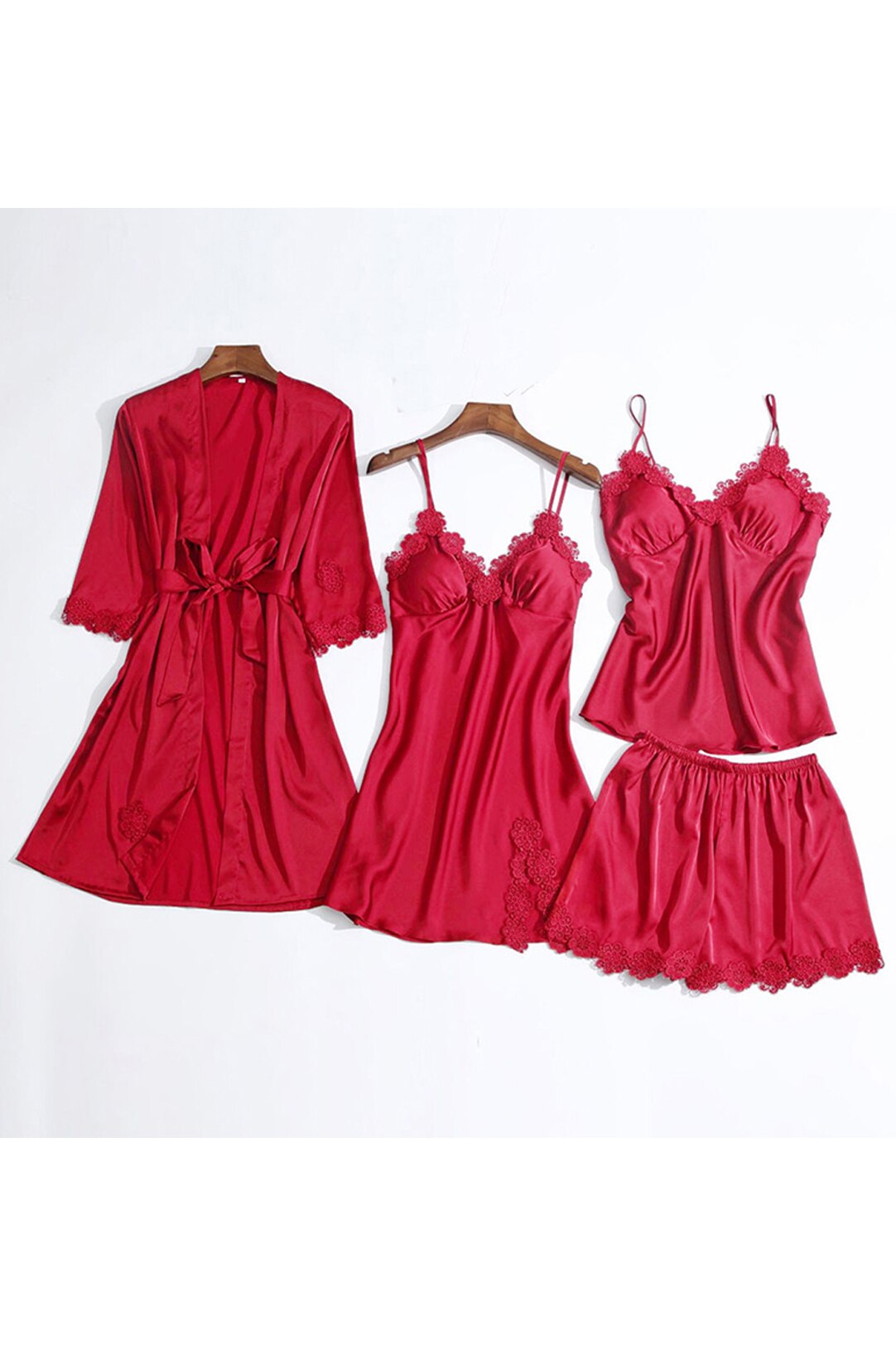 Set Pijama Satin Cu Dantela, 4 Piese, Rosu, L-XL - eMAG.ro