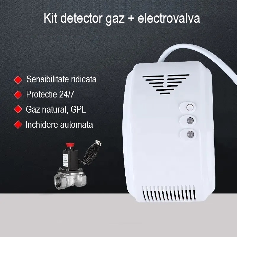 Kit detector gaze naturale, GPL si gaze de carbune 220V cu electrovalva ...