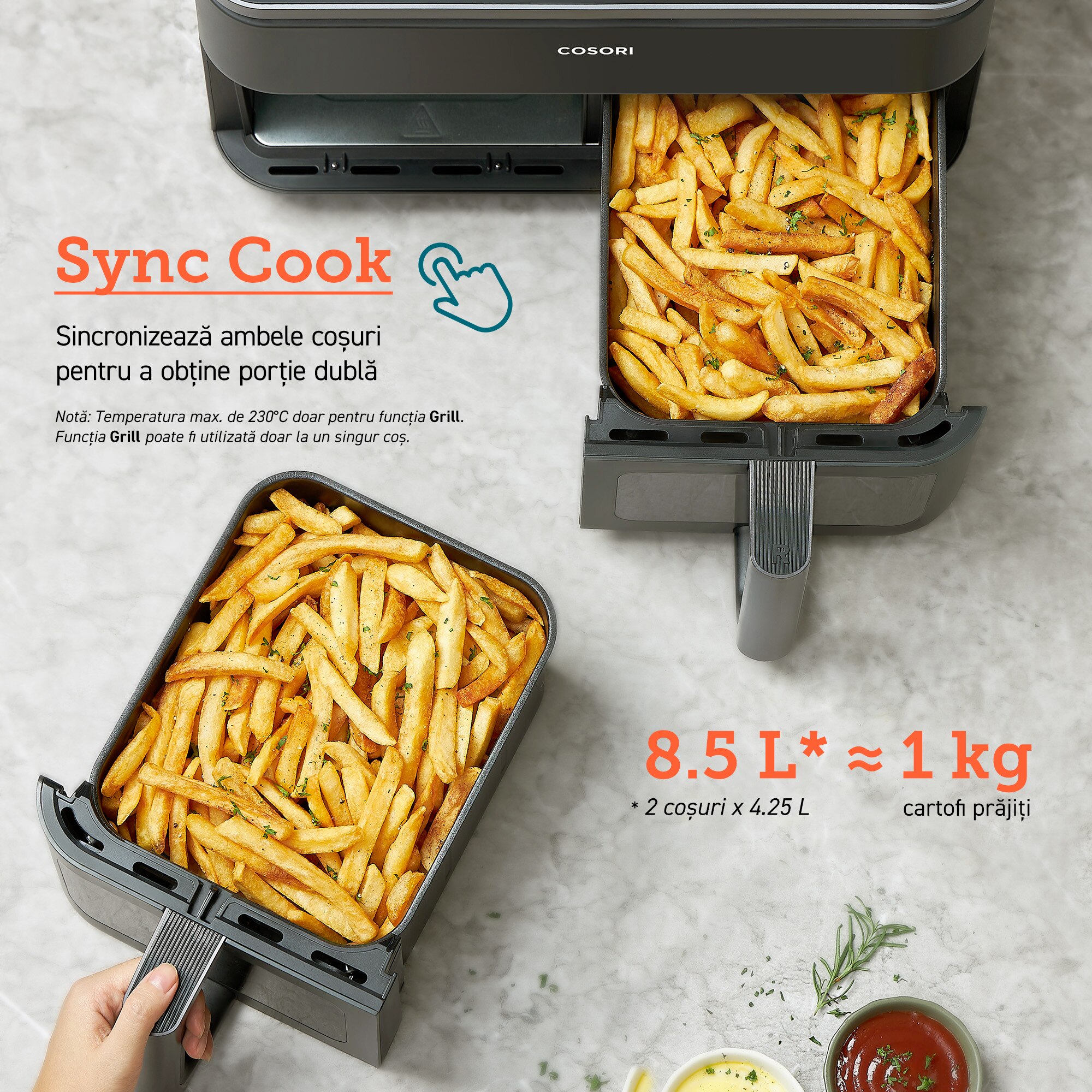 Friteuza cu aer cald Cosori Dual Basket, 8 functii de gatire, 1750 W ...