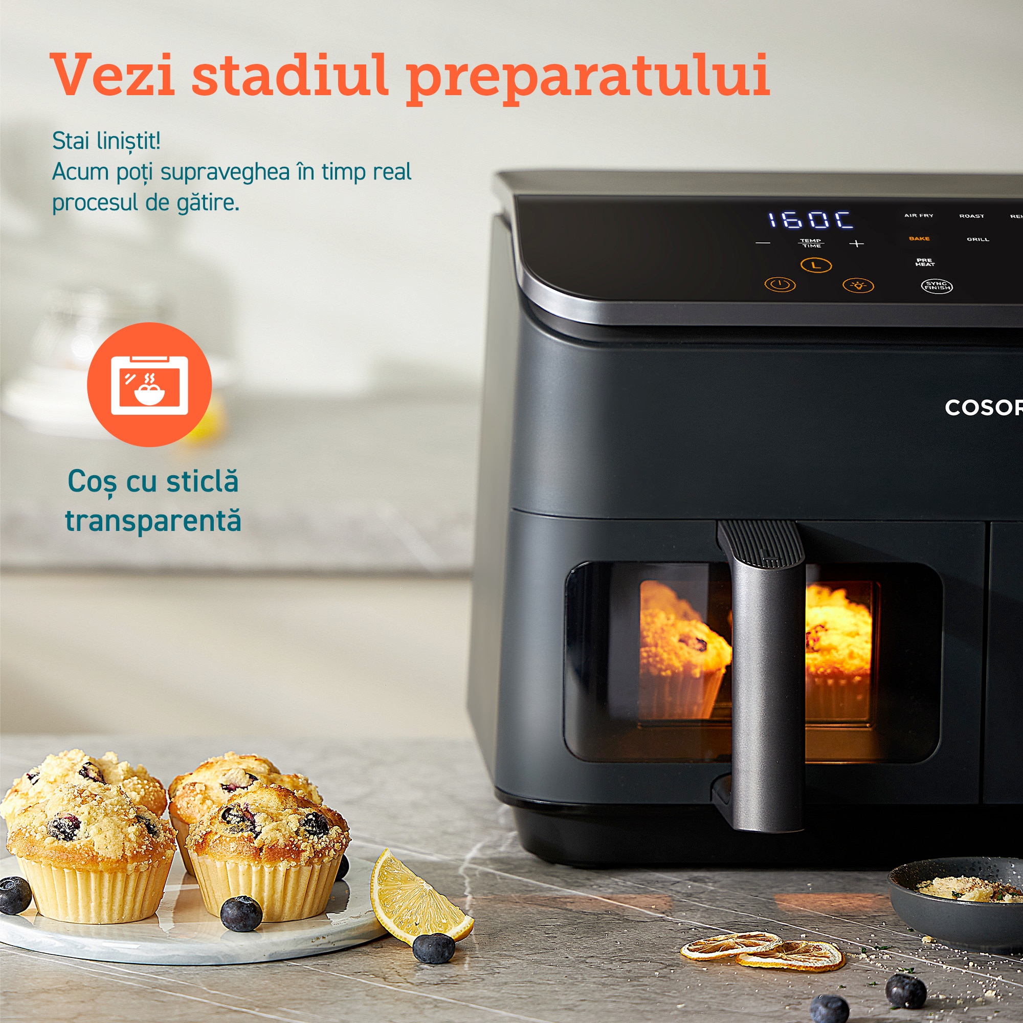 Friteuza cu aer cald Cosori Dual Basket, 8 functii de gatire, 1750 W, 230℃, doua cosuri cu ...