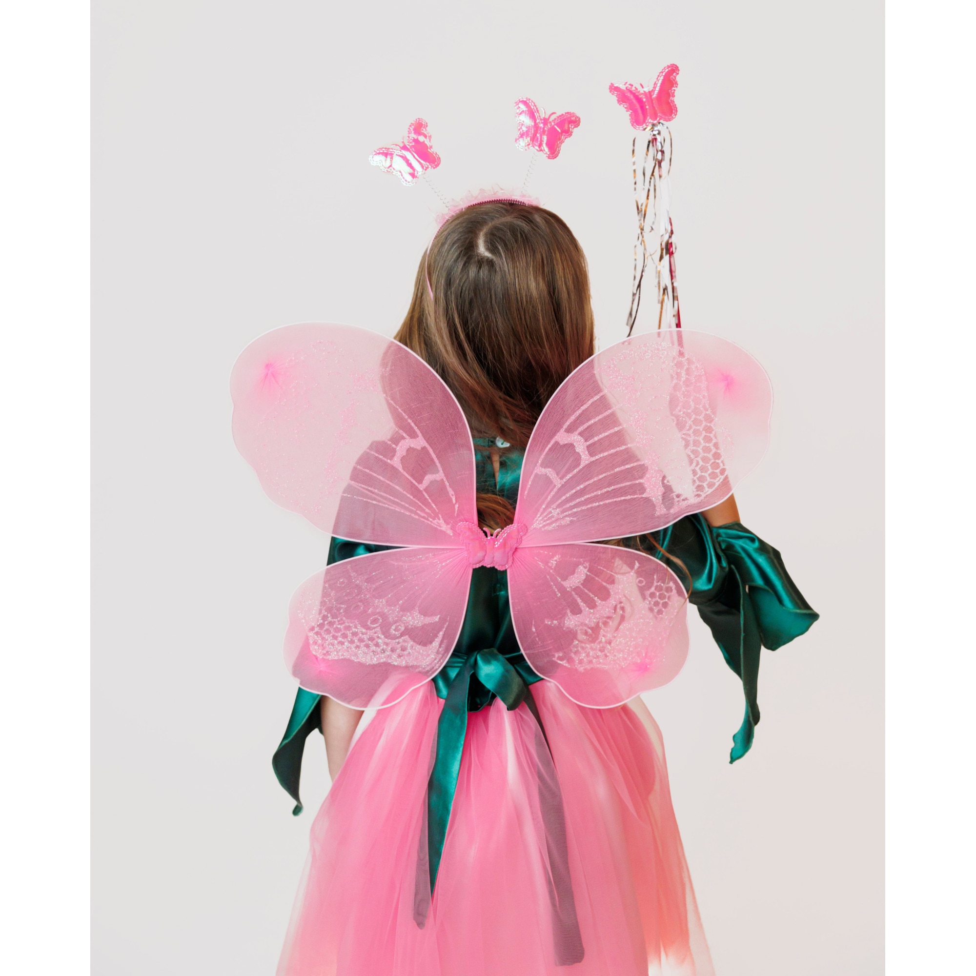 Costum pentru Carnaval Floare Roz, 4 piese, Rochita cu Luminite, Aripi ...