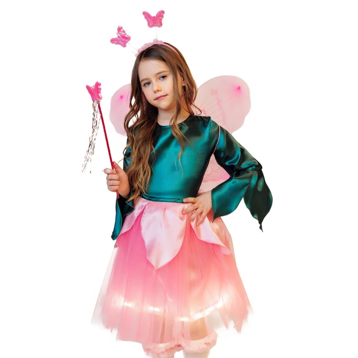Costum pentru Carnaval Floare Roz, 4 piese, Rochita cu Luminite, Aripi ...