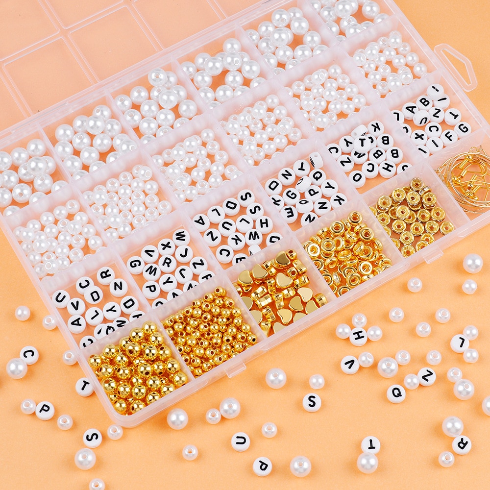 Set margele albe si aurii pentru creat bratari, 600 piese, 1 rola cu ...
