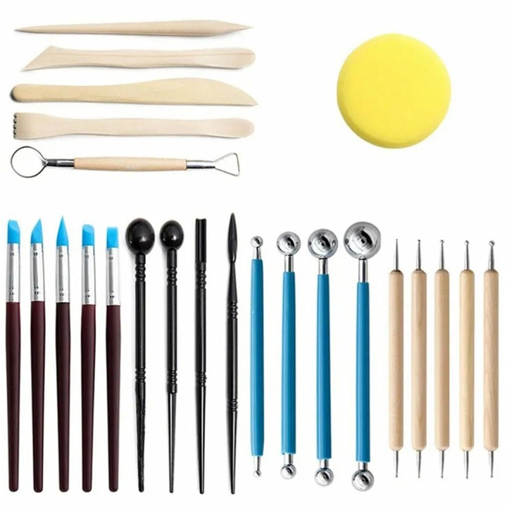 Kit accesorii pentru modelat in lut, Zola®, plastic, lemn si otel, 22 ...