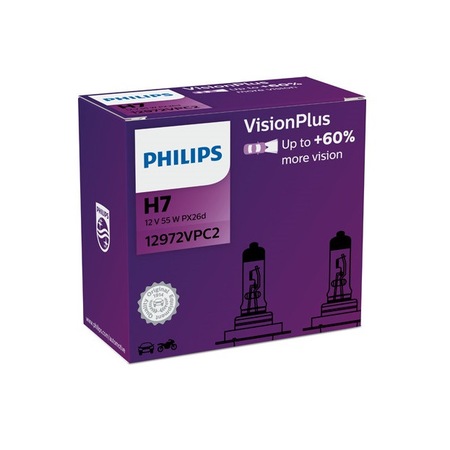 Комплект 2 крушки за фарове PHILIPS VISION PLUS, +60% яркост H7 12V 55W ...