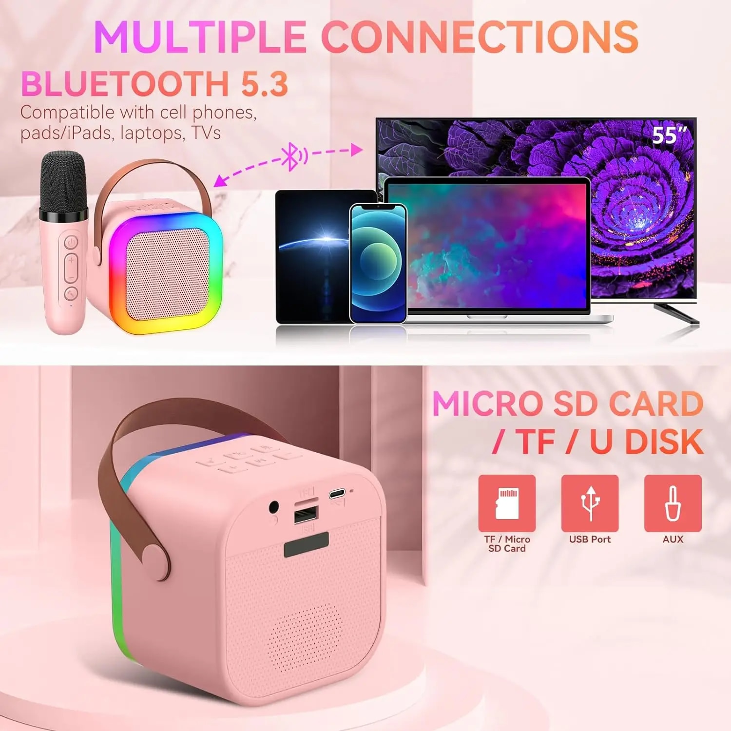 Boxa cu 2 Microfoane karaoke Smart copii, difuzor Wireless, Roz ABYZ ...