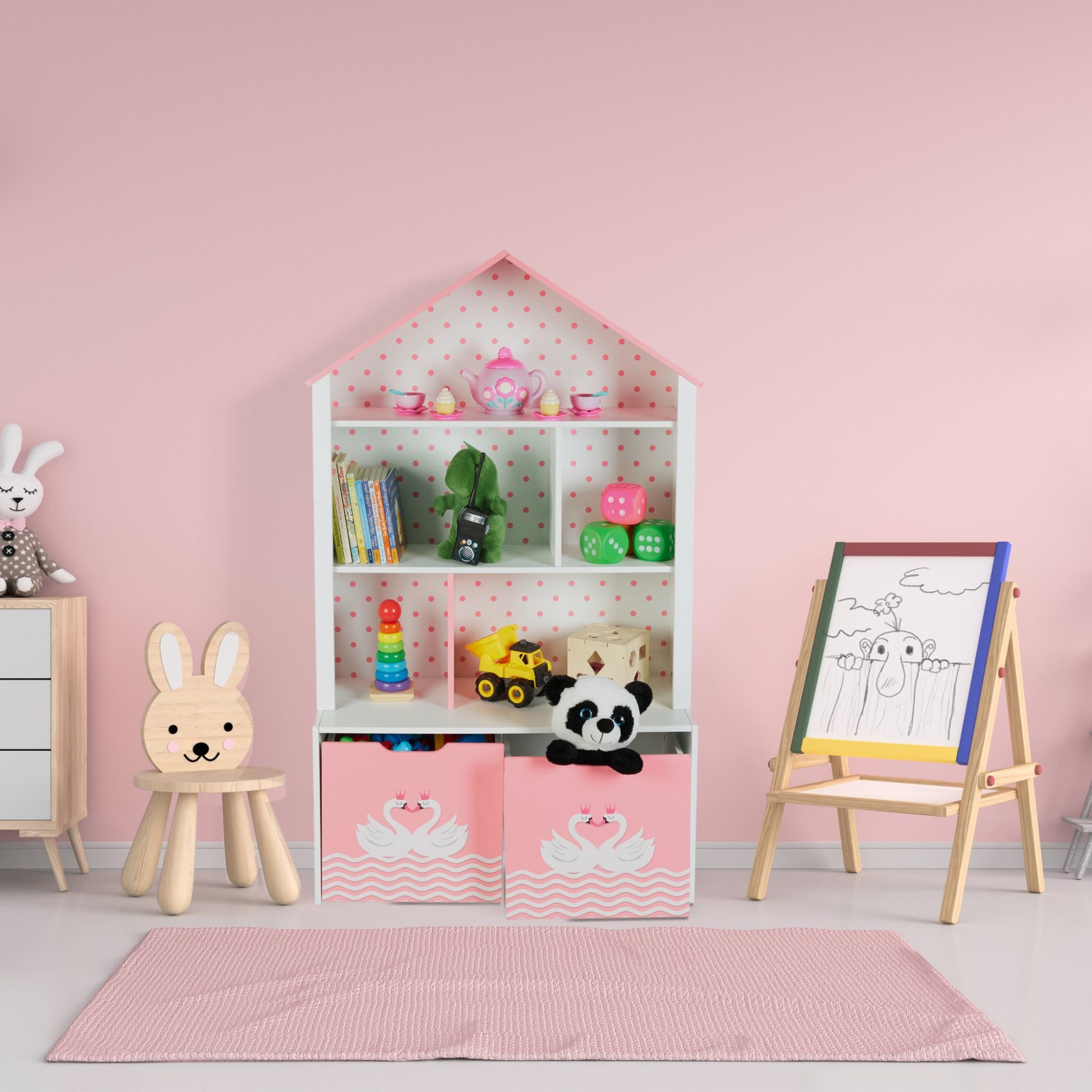 Dulap pentru copii, cu design lebede, 5 rafturi si 2 sertare detasabile ...