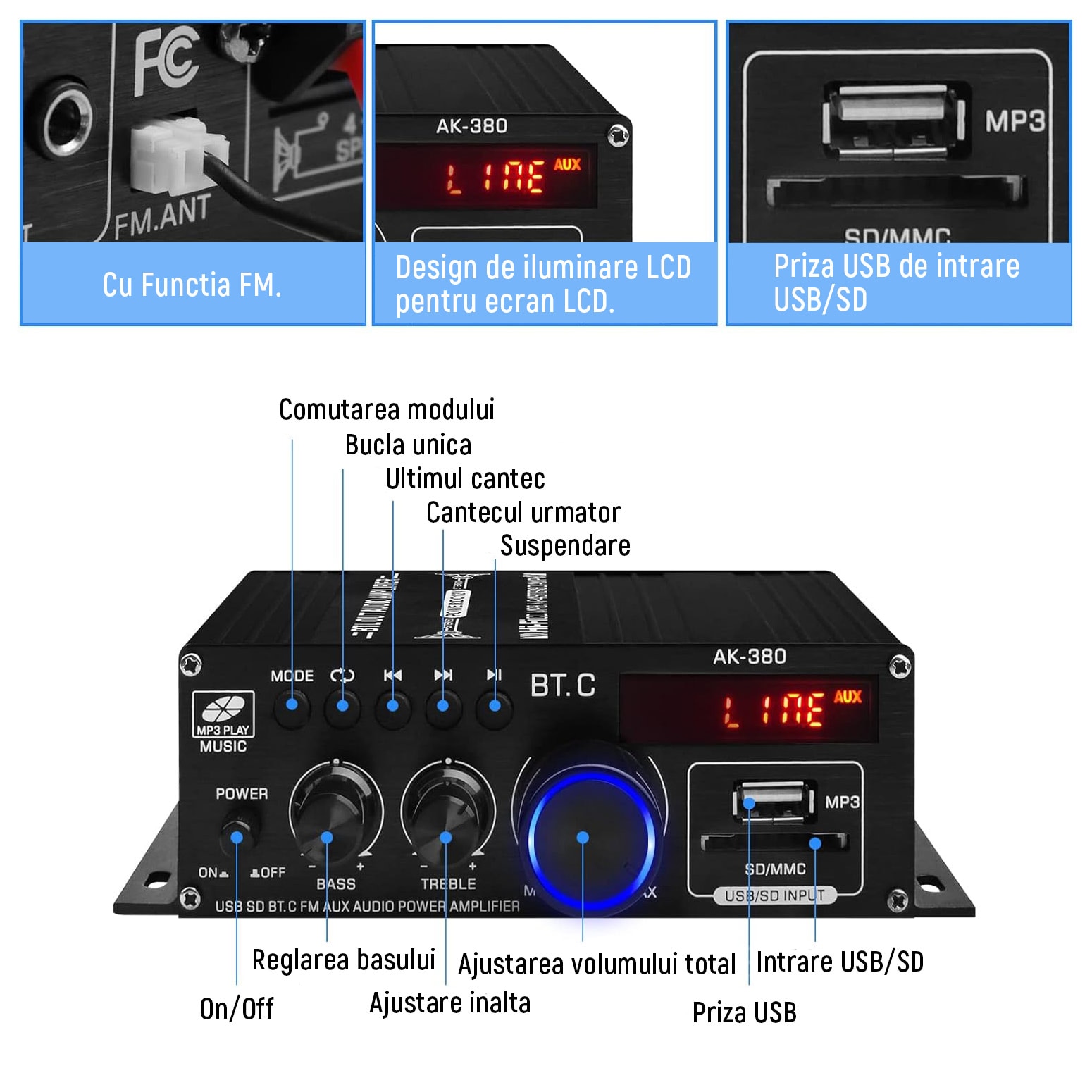 Amplificator audio cu adaptor alimentator si telecomanda, 400W x 2, cu ...