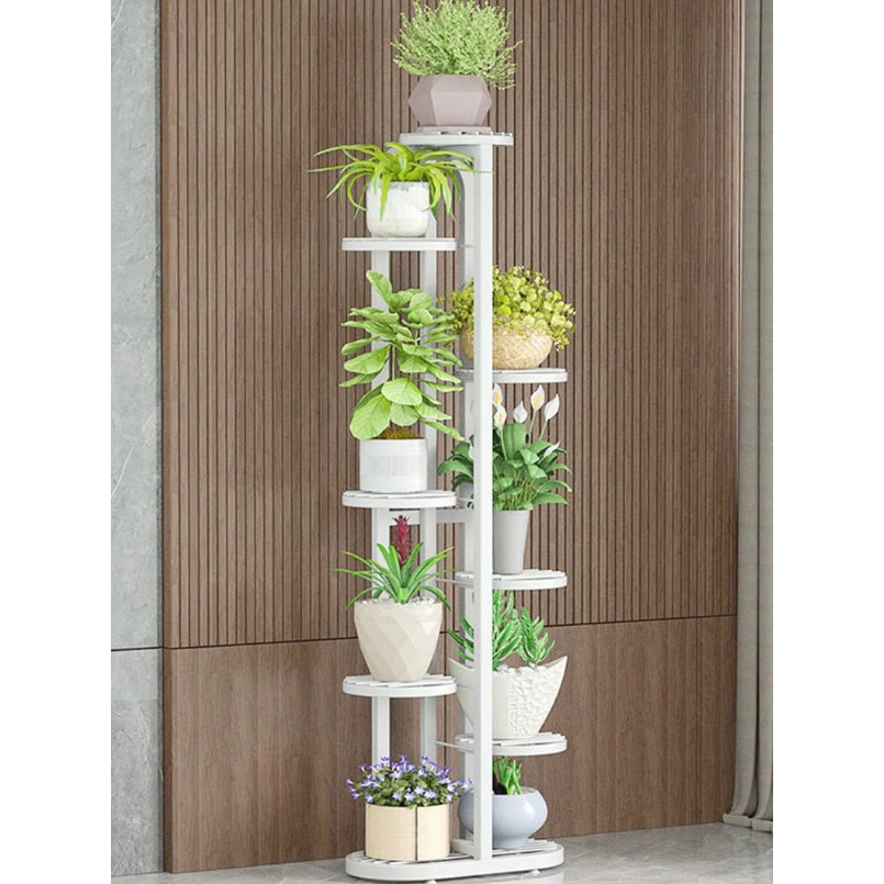 Suport metalic pentru ghivece de flori, cu 9 etajere separate, alb ...